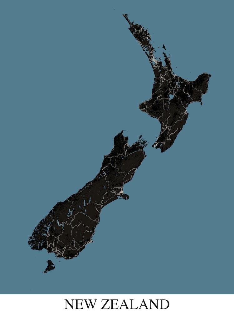 New Zealand Black Blue Map Art Print by Mapply – Fy!