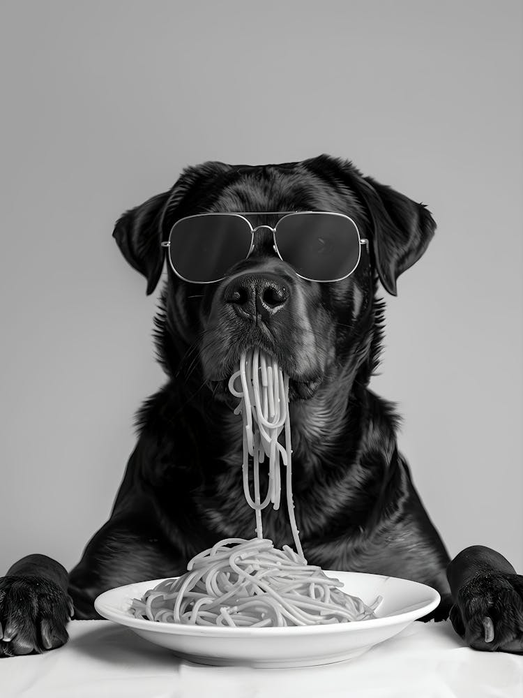 Rottweiler Eating Pasta Wall Art, Spaghetti Print, Black And White ...