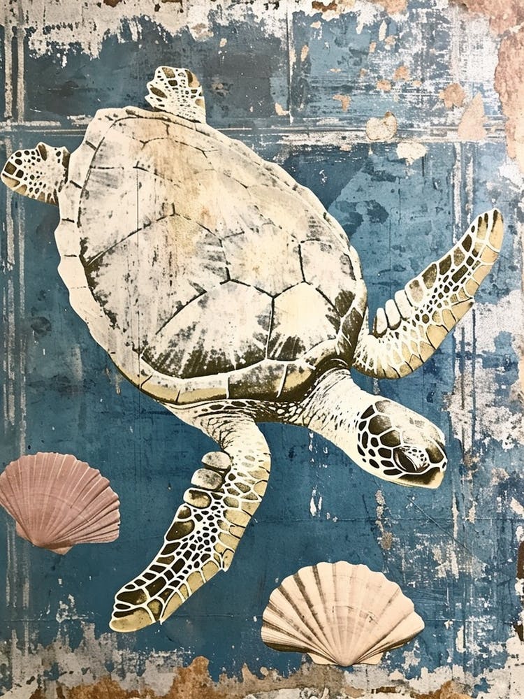 Sea Turtle & Shells White Collage Art Print by Energy of the Sea – Fy!