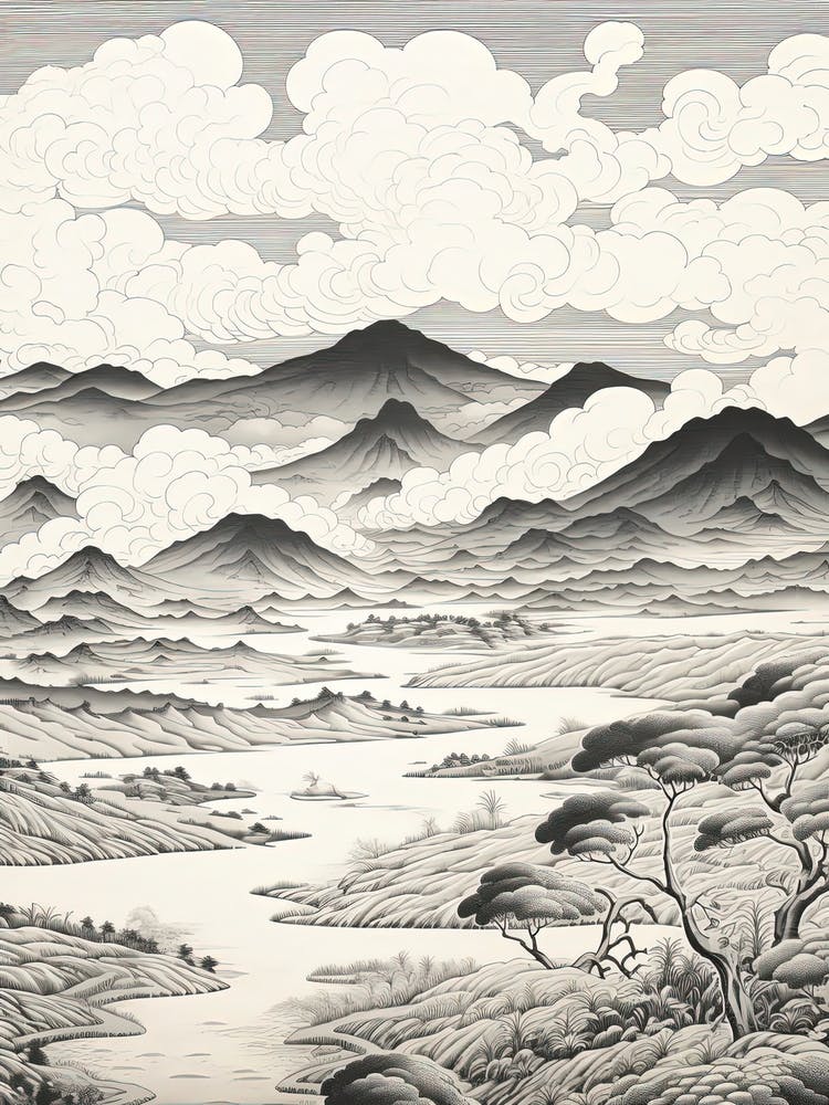 Aso Caldera In Kumamoto, Ukiyo E Black And White Line Art Drawing 1 Art ...