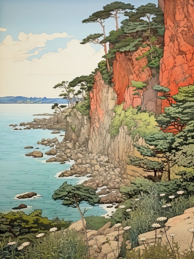 Tojinbo Cliffs In Fukui, Ukiyo E Drawing 4 Art Print by Ukiyo-e Wonders ...