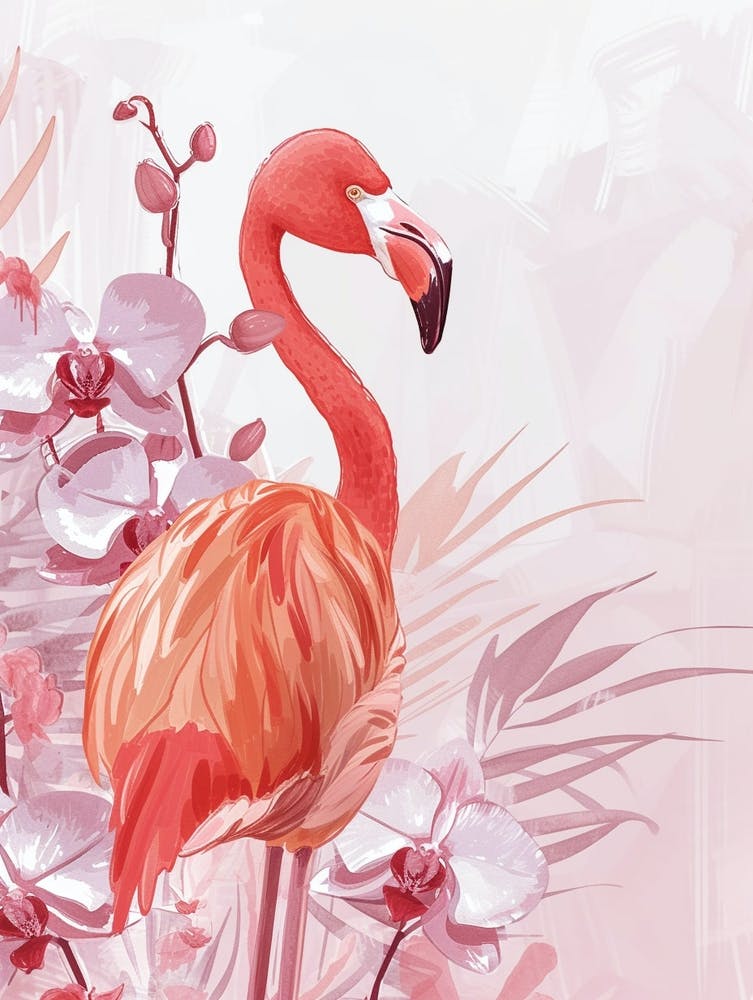 Jamess Flamingo And Orchids Minimalist Illustration 2 Art Print by ...
