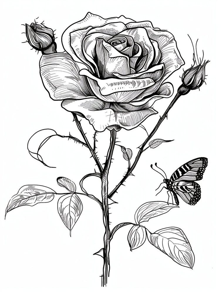 Butterfly Rose Line Drawing 4 Art Print by Petal Pigments – Fy!