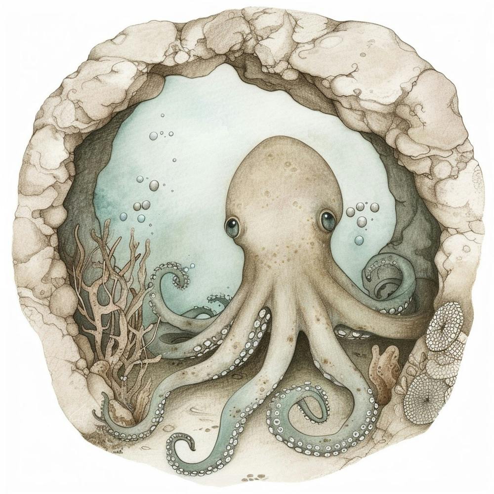 Storybook Style Octopus In A Cave 3 Art Print by Energy of the Sea – Fy!
