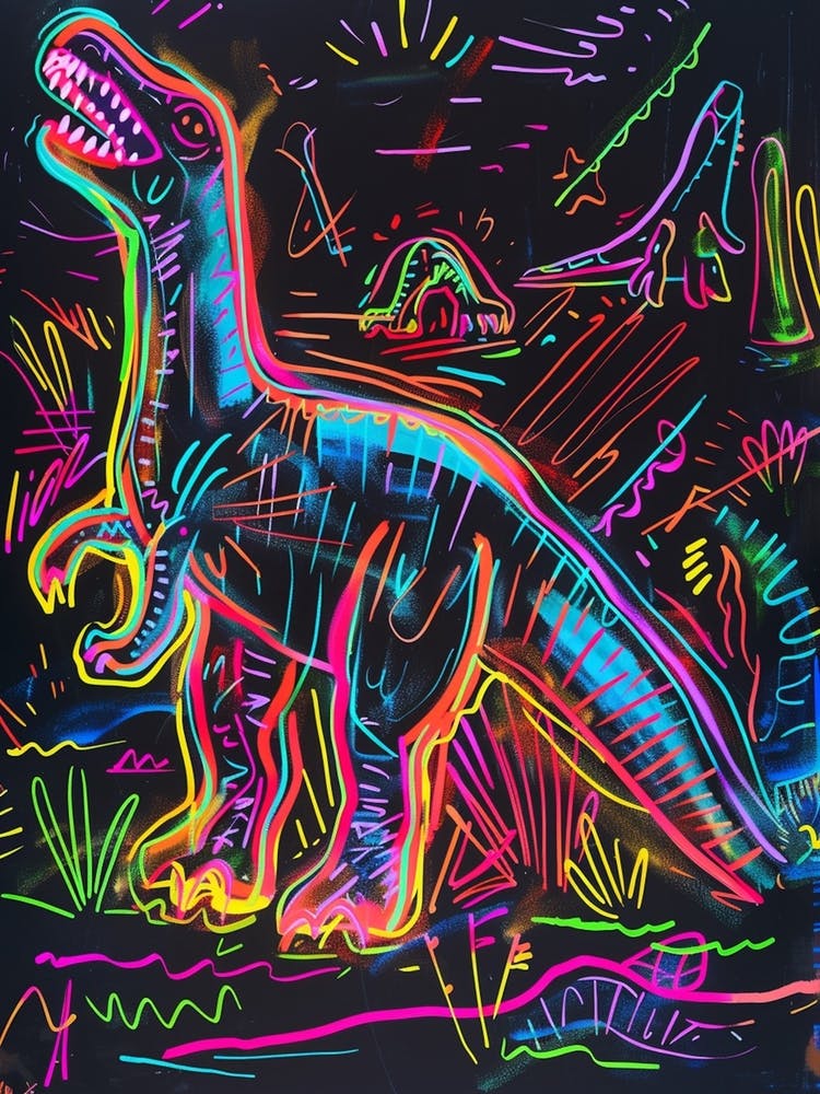 Abstract Neon Dinosaur Lines Art Print by Dino Delights – Fy!