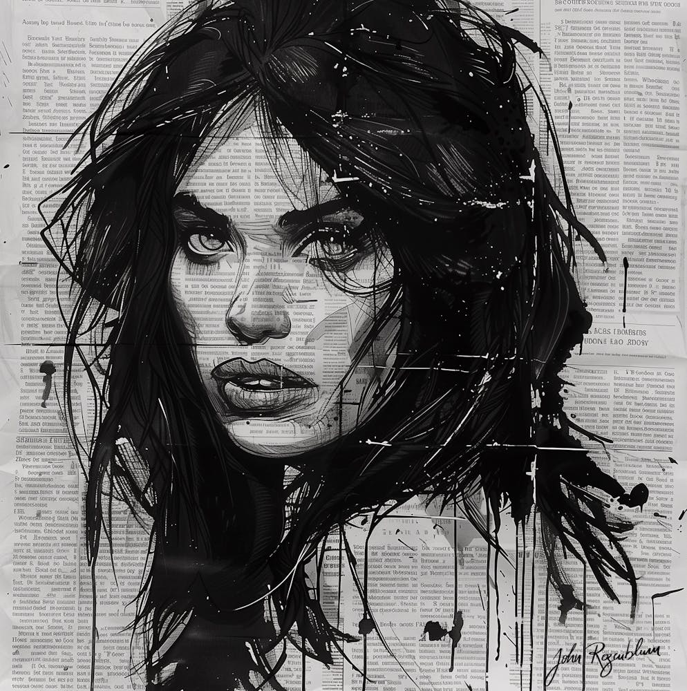 Maïwen CloseUp - Ink Girl on Newspaper Art Print by John Rozenblum – Fy!