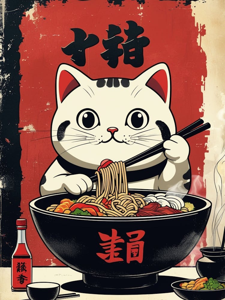 Asian Cat Eating Noodles Art Print by ontoseno – Fy!