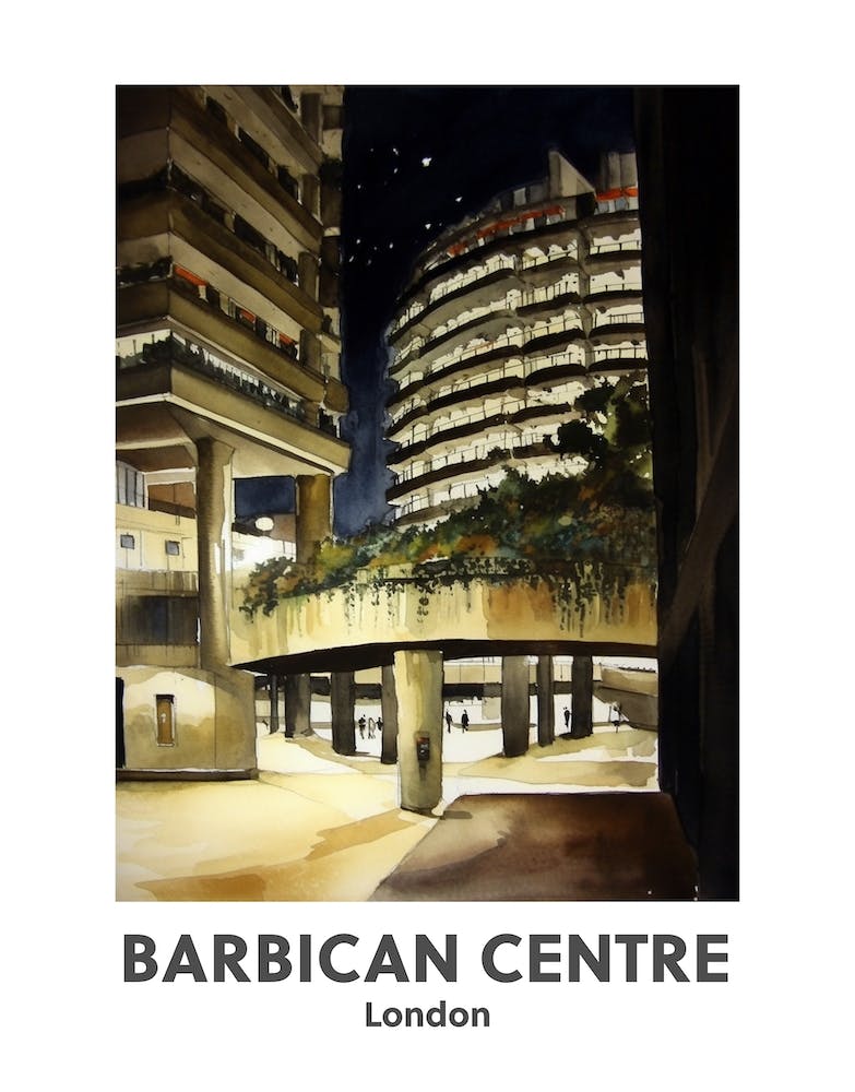 Barbican Centre, London 5 Watercolour Travel Poster Art Print by Fusion ...