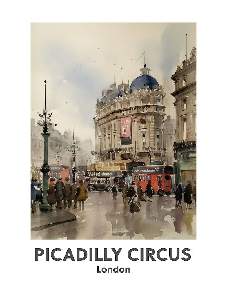 Piccadilly Circus, London 8 Watercolour Travel Poster Art Print by ...
