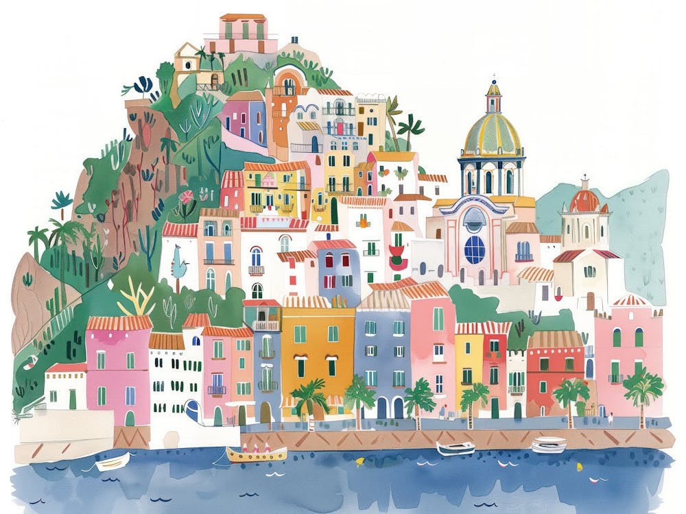 Positano Landmarks Landscape Watercolour Art Print by Mambo – Fy!
