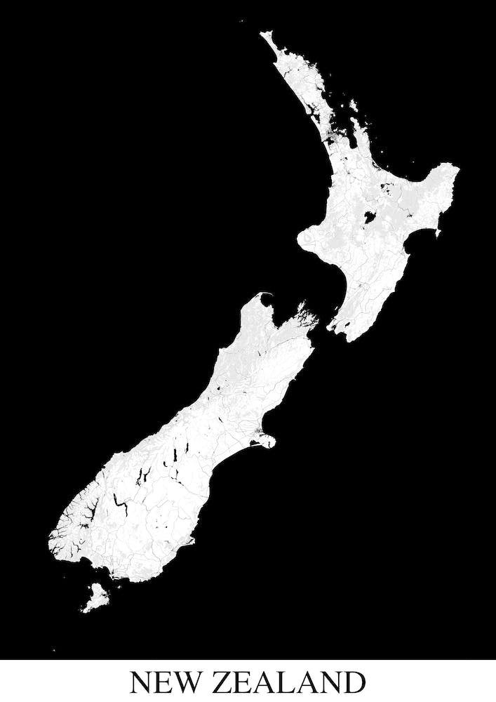 New Zealand White Black Map Art Print by Mapply – Fy!