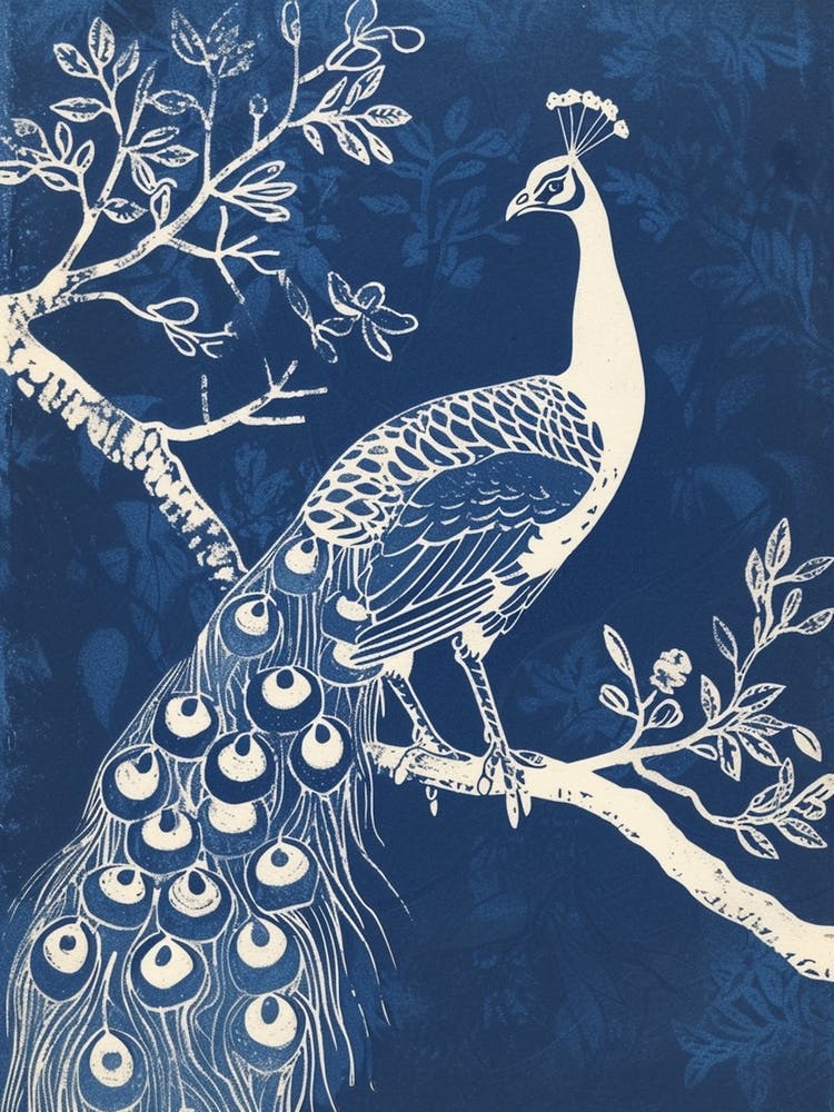 Navy Blue Linocut Inspired Peacock In A Tree 2 Art Print by Featherline ...