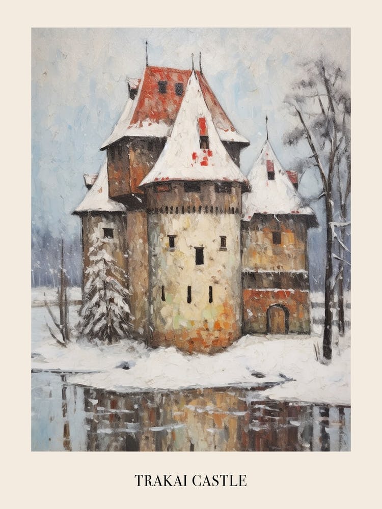 Vintage Winter Painting Poster Trakai Castle Lithuania Art Print by Bon ...
