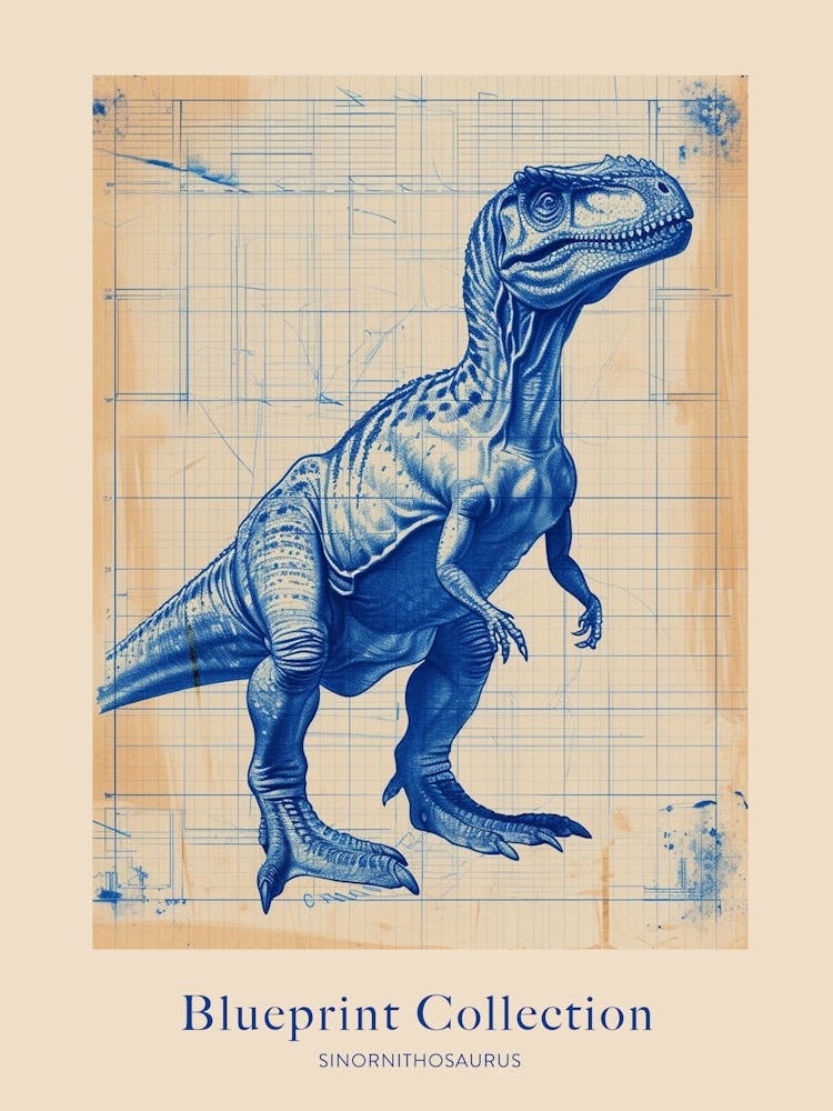 Sinornithosaurus Dinosaur Blue Print Sketch 3 Poster Art Print by Dino ...