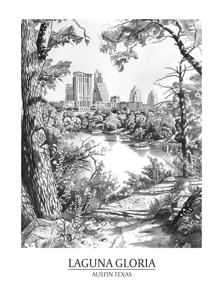 Laguna Gloria Austin Texas Black And White Drawing 3 Poster Art Print ...