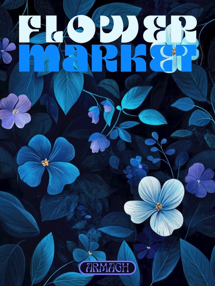 Armagh city print flower market poster in dark blues, retro aesthetic ...