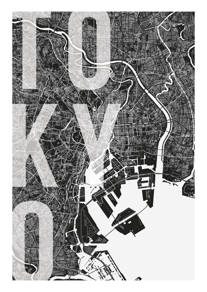Tokyo Mono Street Map Text Overlay Art Print by Typologie Paper Co – Fy!