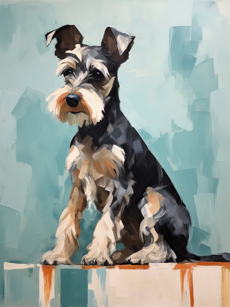 Miniature Schnauzer Dog, Painting In Light Teal And Brown 0 Art Print ...