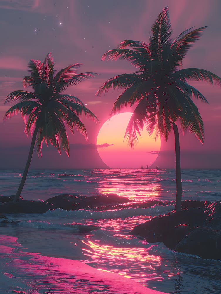Synthwave Sunset At The Beach 16 Art Print by BestArt – Fy!