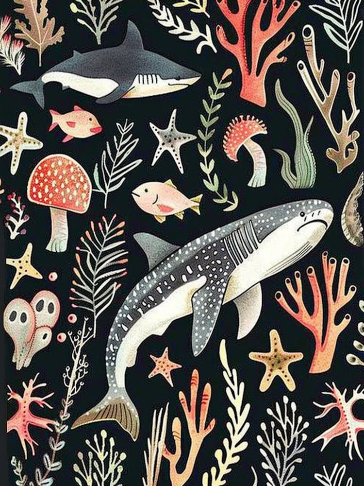Shark Pattern Seascape Black Background Illustration 2 Art Print by ...