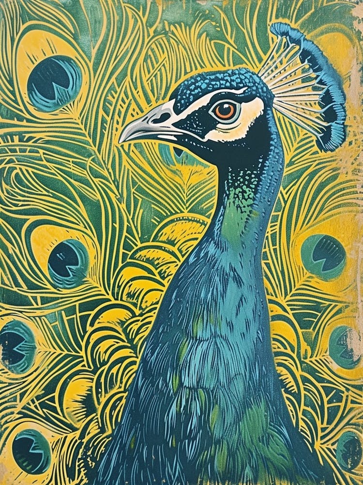 Blue Mustard Linocut Inspired Peacock Feather 4 Art Print by ...