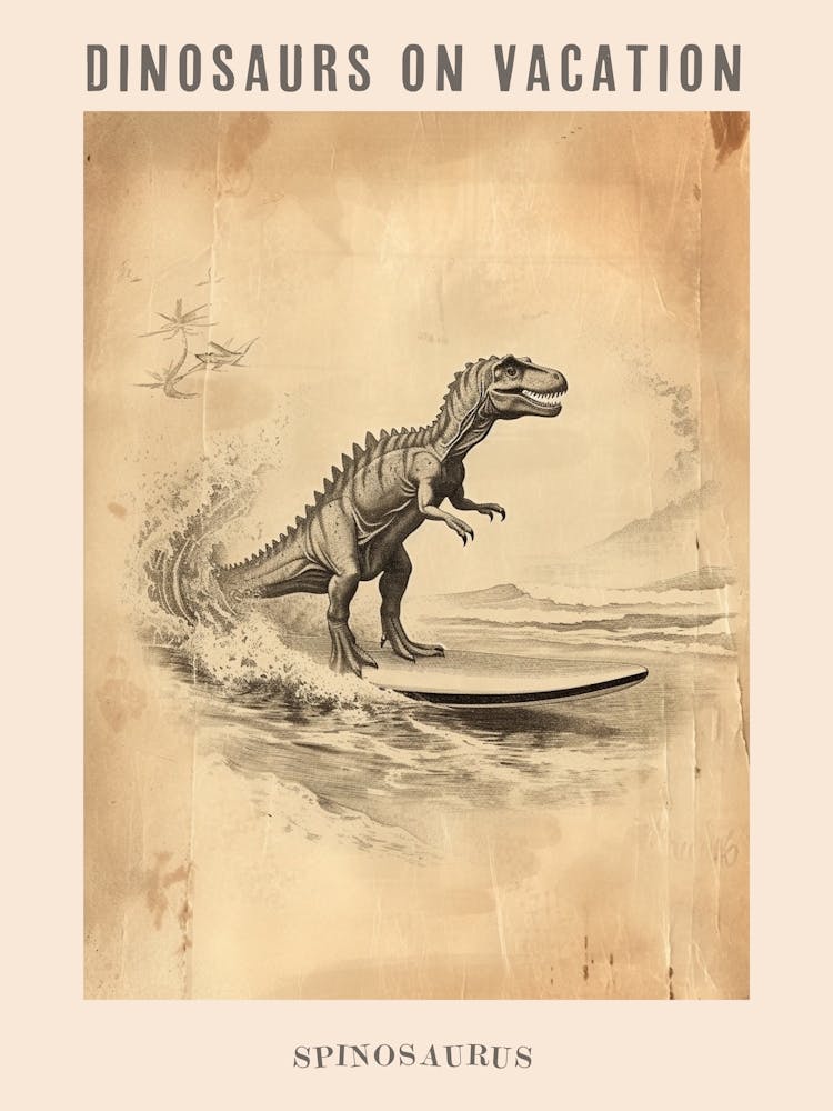 Vintage Spinosaurus Dinosaur On A Surf Board 1 Poster Art Print by ...