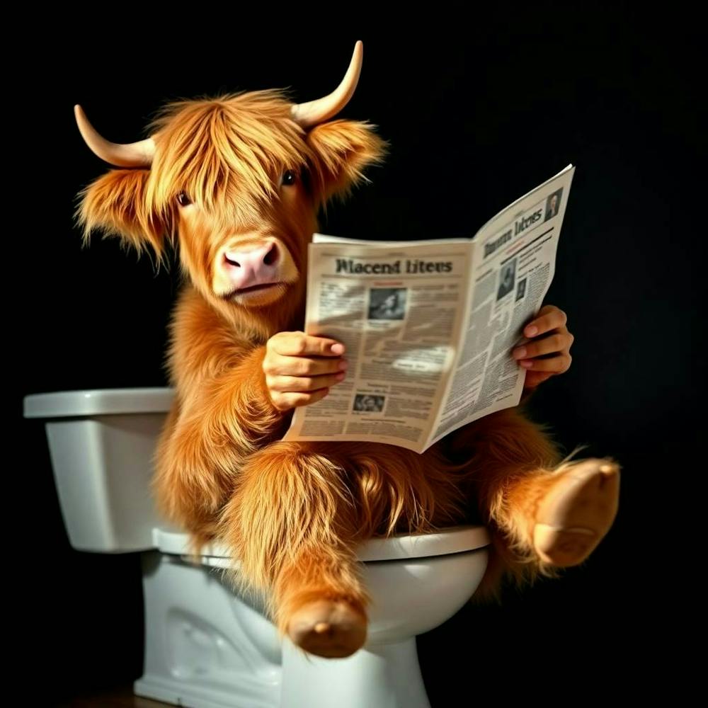 A Highland Cow Reading A Newspaper On A Toilet, Art Print by mystica51 ...