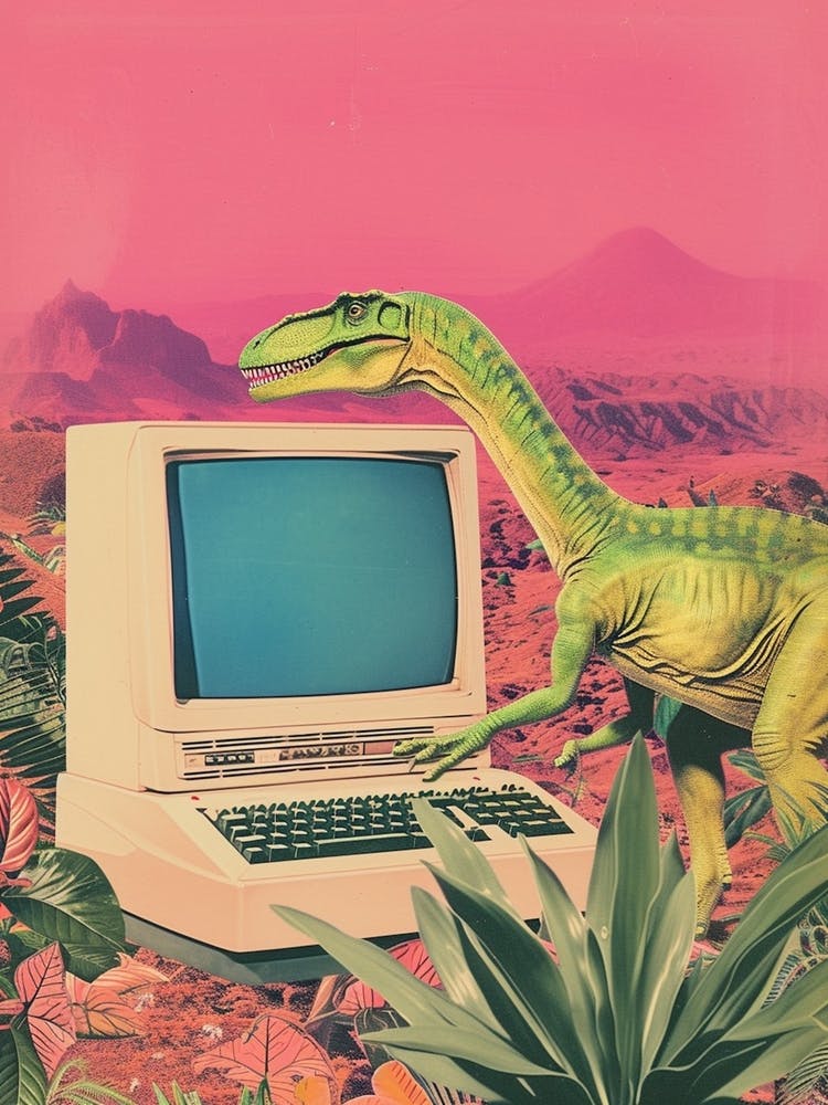 Dinosaur At A Computer Retro Collage 3 Art Print by Dino Delights – Fy!