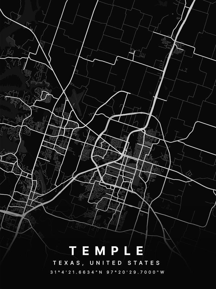 Temple Texas United States A Black Map Art Print by The Map Merchant – Fy!