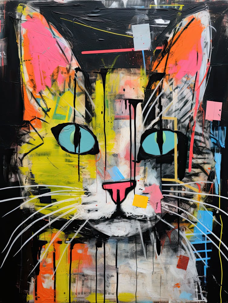 Meow Masterpiece: Graffiti by Basquiat style colourful cat Art Print by ...