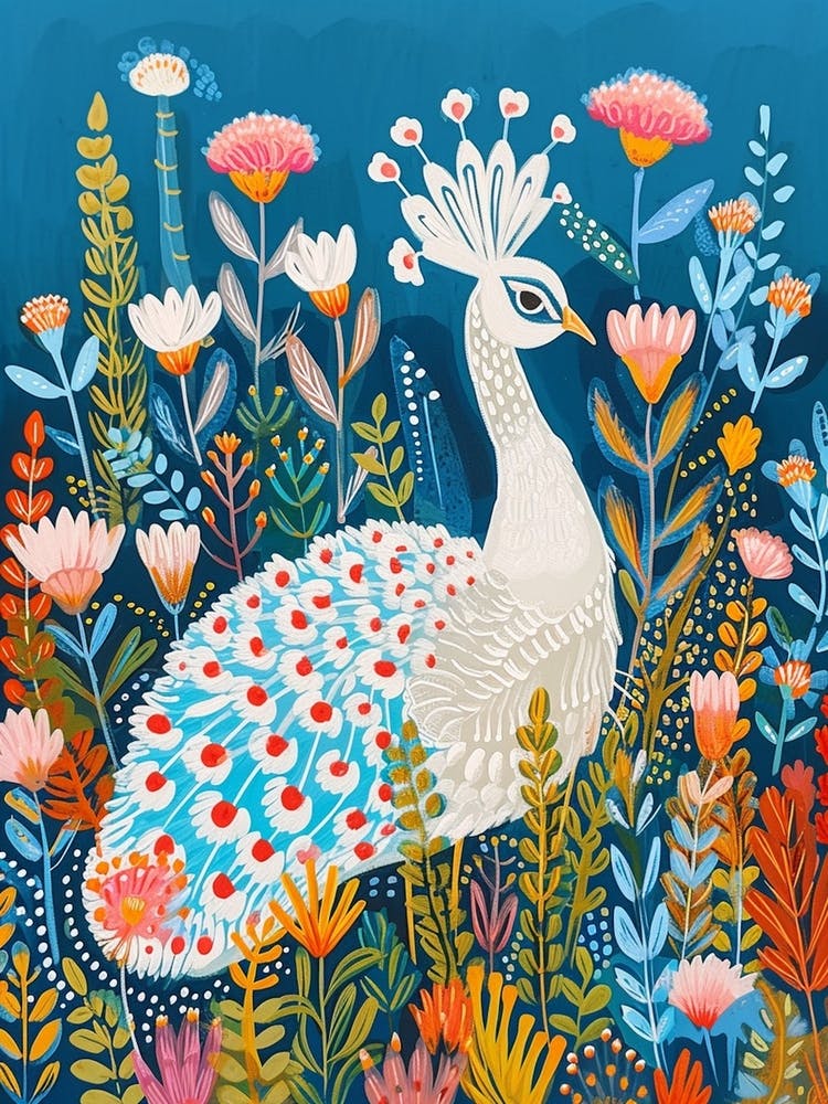 White Floral Folky Peacock 1 Art Print by Featherline – Fy!