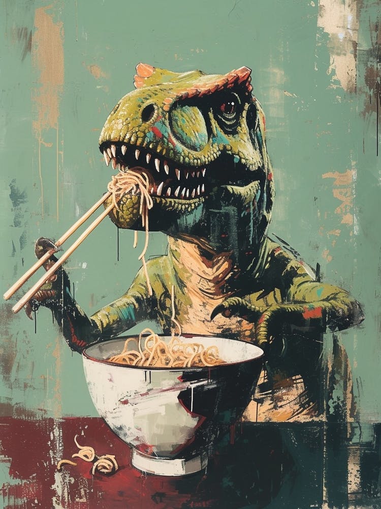 T Rex Eating Ramen Pastel Teal Art Print by Dino Delights – Fy!