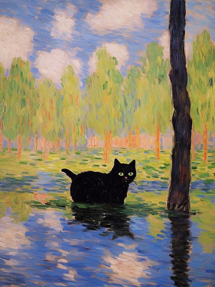 Black Cat And A Monet Inspired Landscape 3 Art Print by Mambo – Fy!