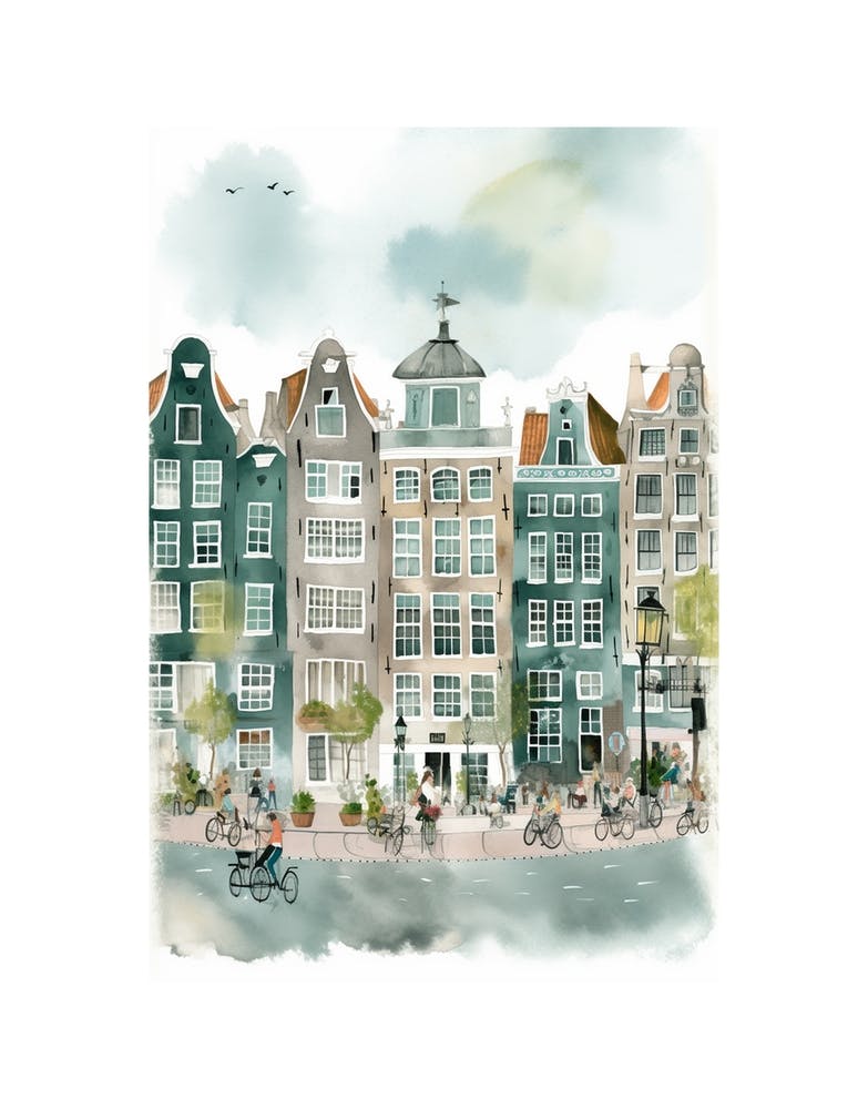 Amsterdam Houses Green Watercolour Art Print by Mambo – Fy!