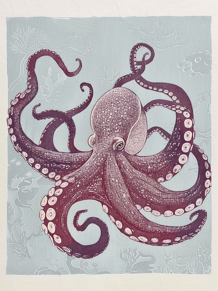 Octopus Red & Blue Silk Screen Inspired 1 Art Print by Energy of the ...