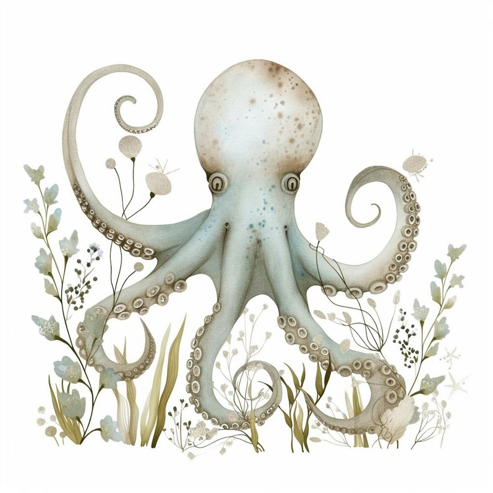 Storybook Style Octopus With Ocean Plants 5 Art Print by Energy of the ...