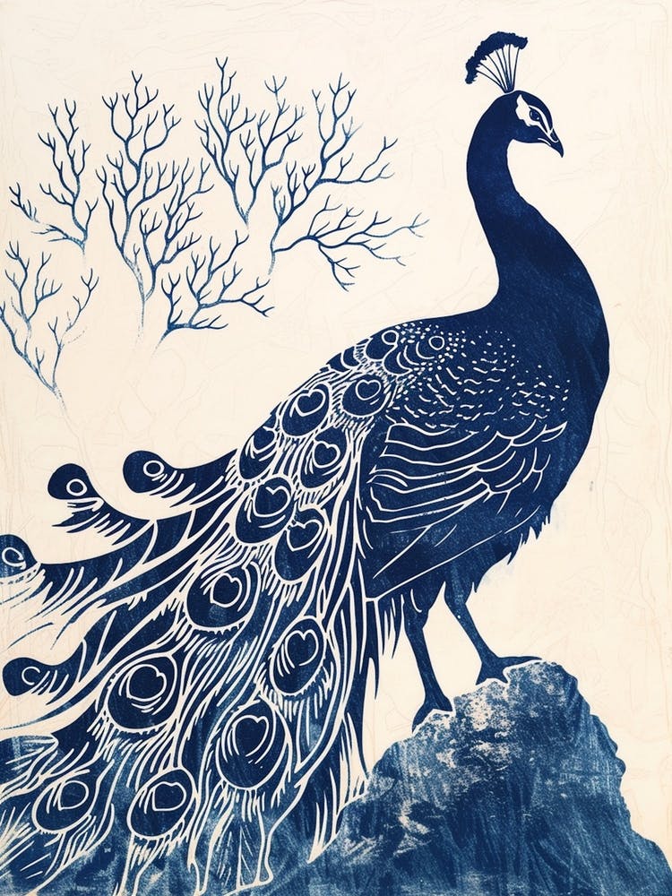 Peacock On A Rock Linocut Inspired 3 Art Print by Featherline – Fy!