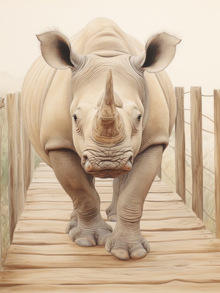 Rhino Walking Across A Wooden Bridge Illustration 4 Art Print by ...