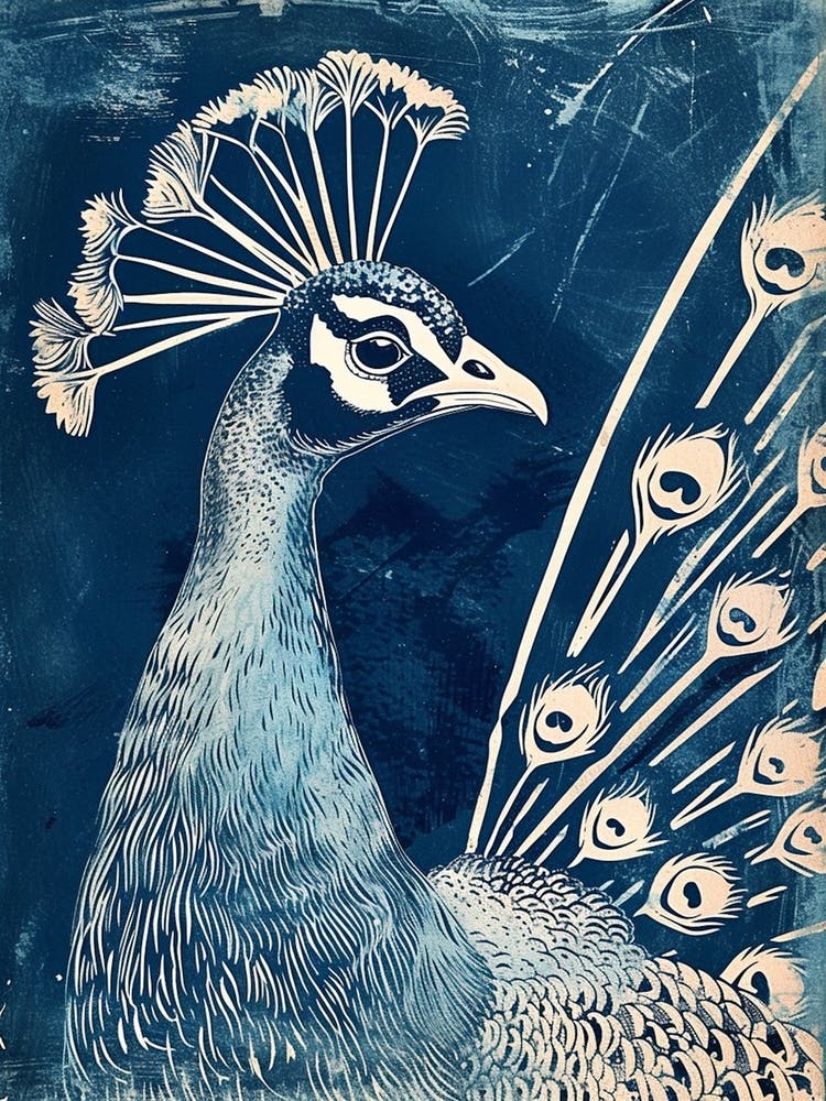 Blue Linocut Inspired Peacock Portrait 1 Art Print by Featherline – Fy!