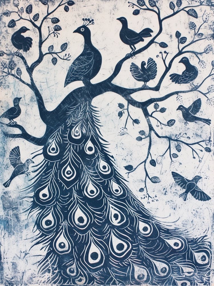 Peacock In The Tree Linocut Inspired 2 Art Print by Featherline – Fy!
