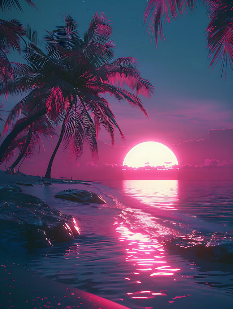 Synthwave Sunset At The Beach 6 Art Print by BestArt – Fy!