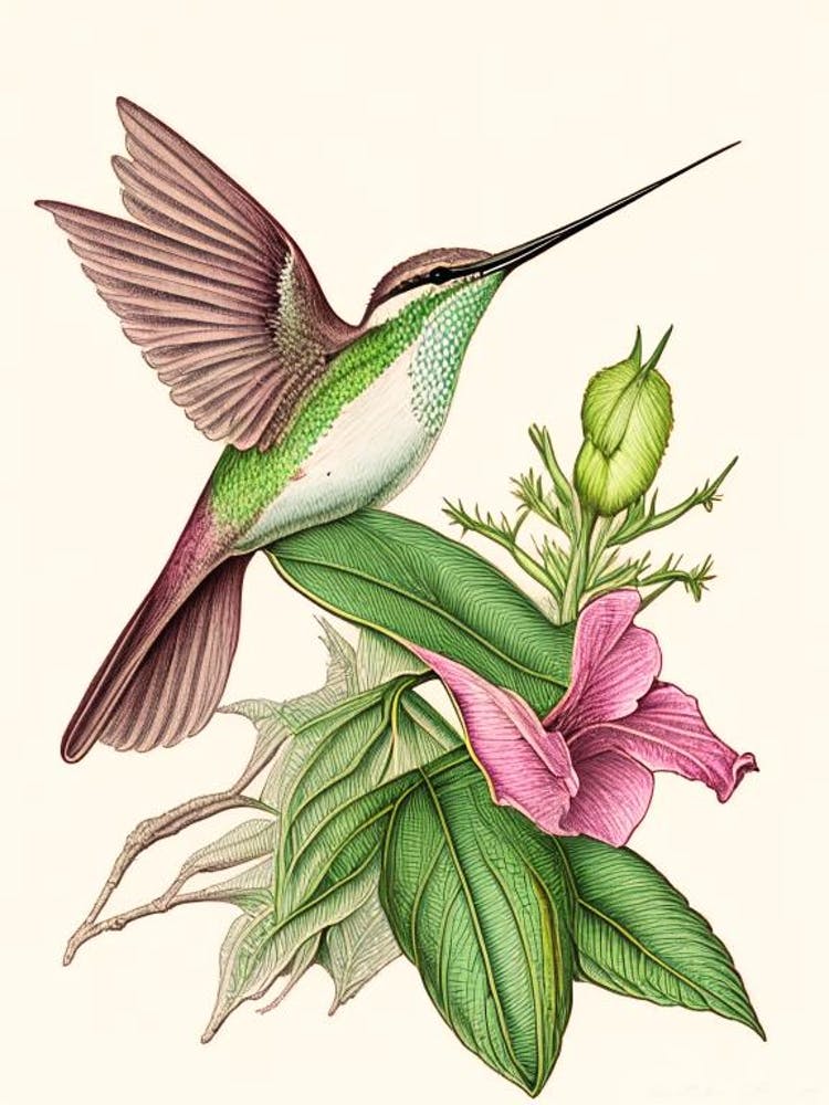 Berylline Hummingbird Vintage Botanical Line Drawing Art Print by ...