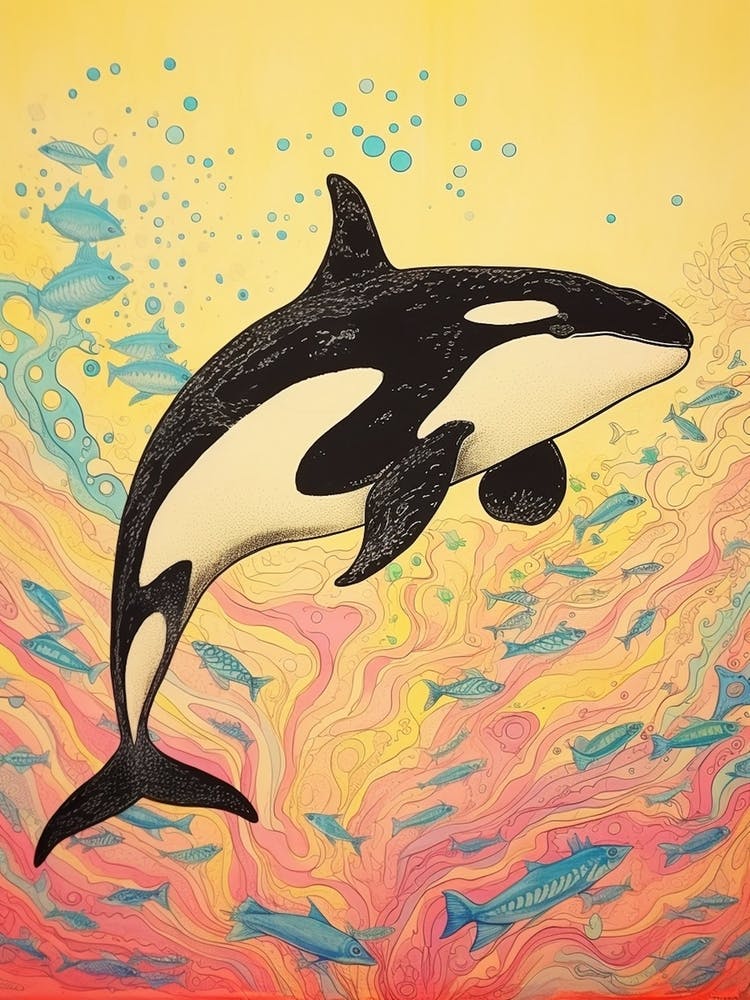 Rainbow Waves Orca Crayon Drawing 2 Art Print by Energy of the Sea – Fy!