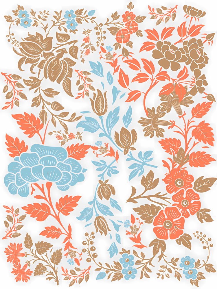 Vintage Floral Wall Art – Retro Botanical Pattern Poster in Coral, Blue ...