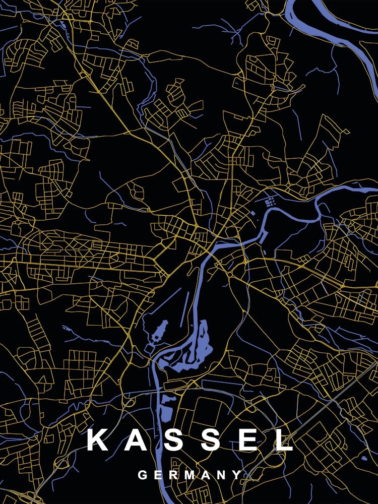 Kassel Germany City Map Black and Gold Art Print by Charnwood Prints – Fy!