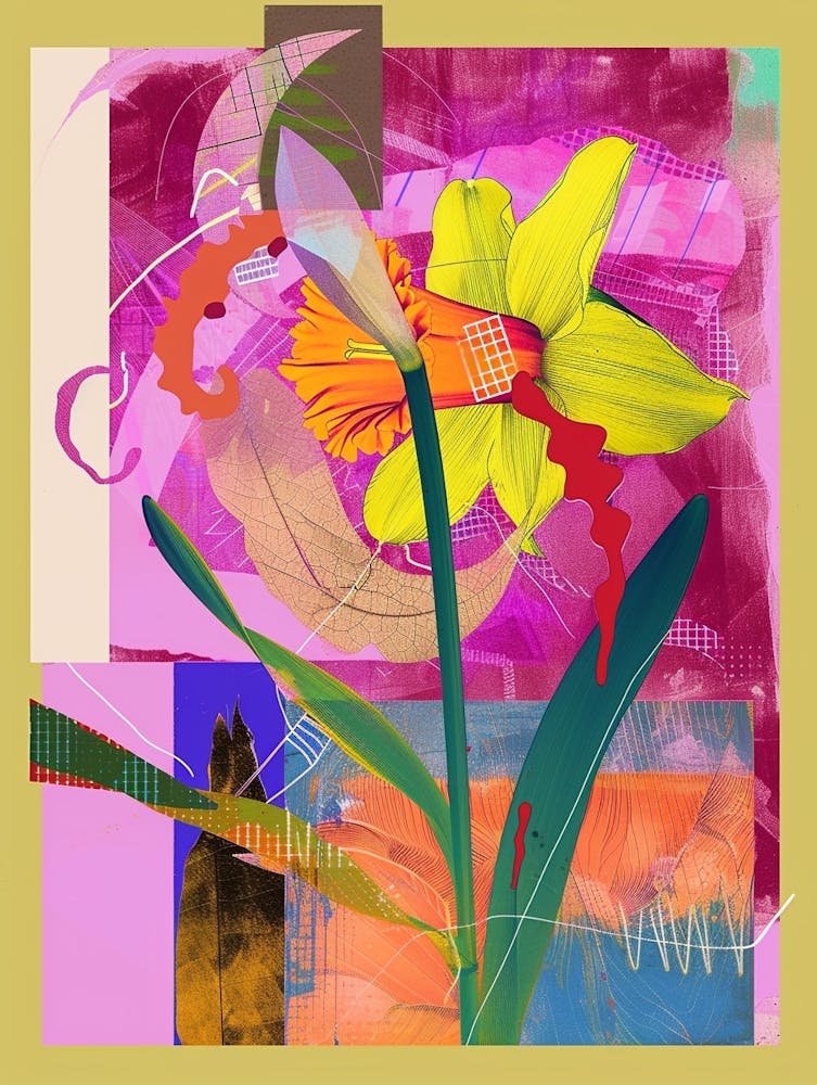 Daffodil 1 Neon Flower Collage Art Print by Botanic Studio – Fy!
