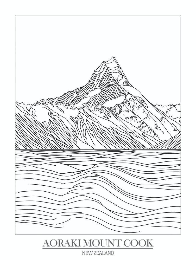 Aoraki Mount Cook New Zealand Line Drawing 2 Poster Art Print by Pixel ...