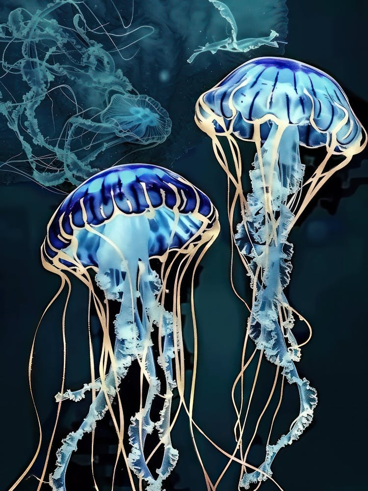 Jellyfish Painting Gold Blue Effect Collage 1 Art Print by Tropic of ...