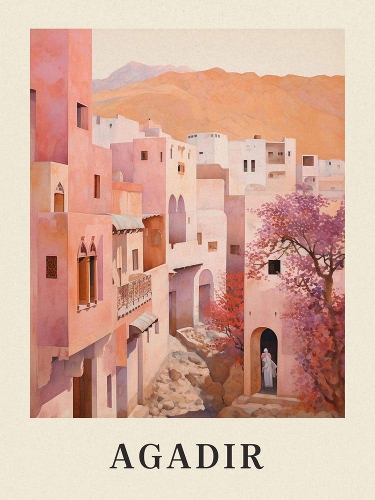 Agadir Morocco Vintage Pink Travel Illustration Poster Art Print by ...
