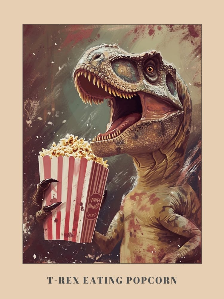 T Rex Dinosaur Eating Popcorn At The Cinema 1 Poster Art Print by Dino ...